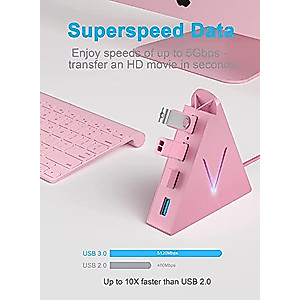 JoyReken 4-Port USB 3.0 Hub, FlyingVHUB Vertical Data USB Hub with 2 ft Extended Cable, for Mac, PC, Xbox One, PS4, PS5, iMac, Surface Pro, XPS, Laptop, Desktop, Flash Drive, Mobile HDD(Pink)