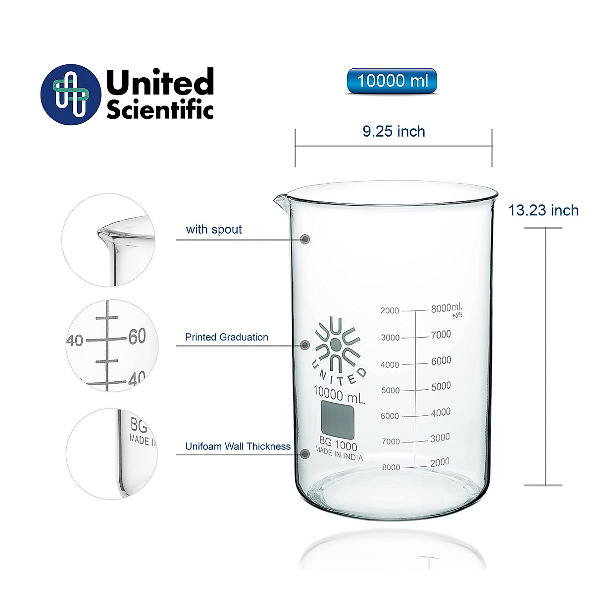 United Scientific™ BG1000-10000 Borosilicate Laboratory Grade Glass Beakers| Griffin Style Low Form Beaker | Graduated with Spout | Designed for Laboratories & Chemistry Classrooms| 10000mL Capacity