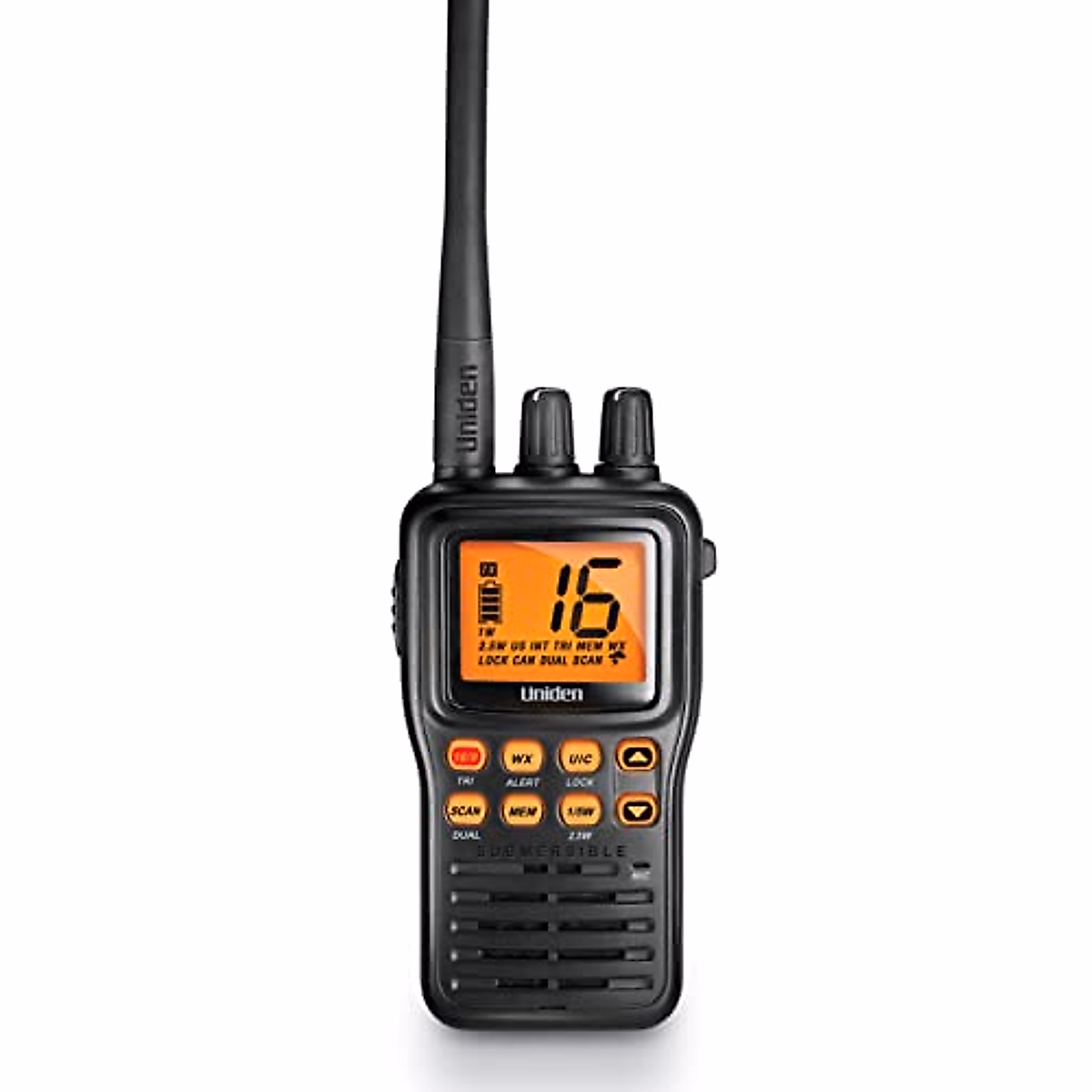 Uniden MHS75 Waterproof Handheld 2-Way VHF Marine radio, Submersible, Selectable 1/2.5/5 Watt Transmit Power. All USA/International and Canadian Marine Channels - Color Black
