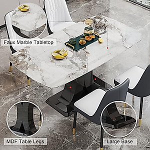 Henf 7-Piece Dining Set Modern Table and Chair Set for 6, Faux Marble Top Dining Table with 6pcs White&Gray Dining Chairs, 63'' White Dining Room Table with MDF Base, Kitchen Table Set for 6