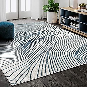 Abani Rugs Contemporary Wave Print 4' x 6' Rectangle Area Rug, Vista Collection - Modern Blue & White Turkish Accent Rug