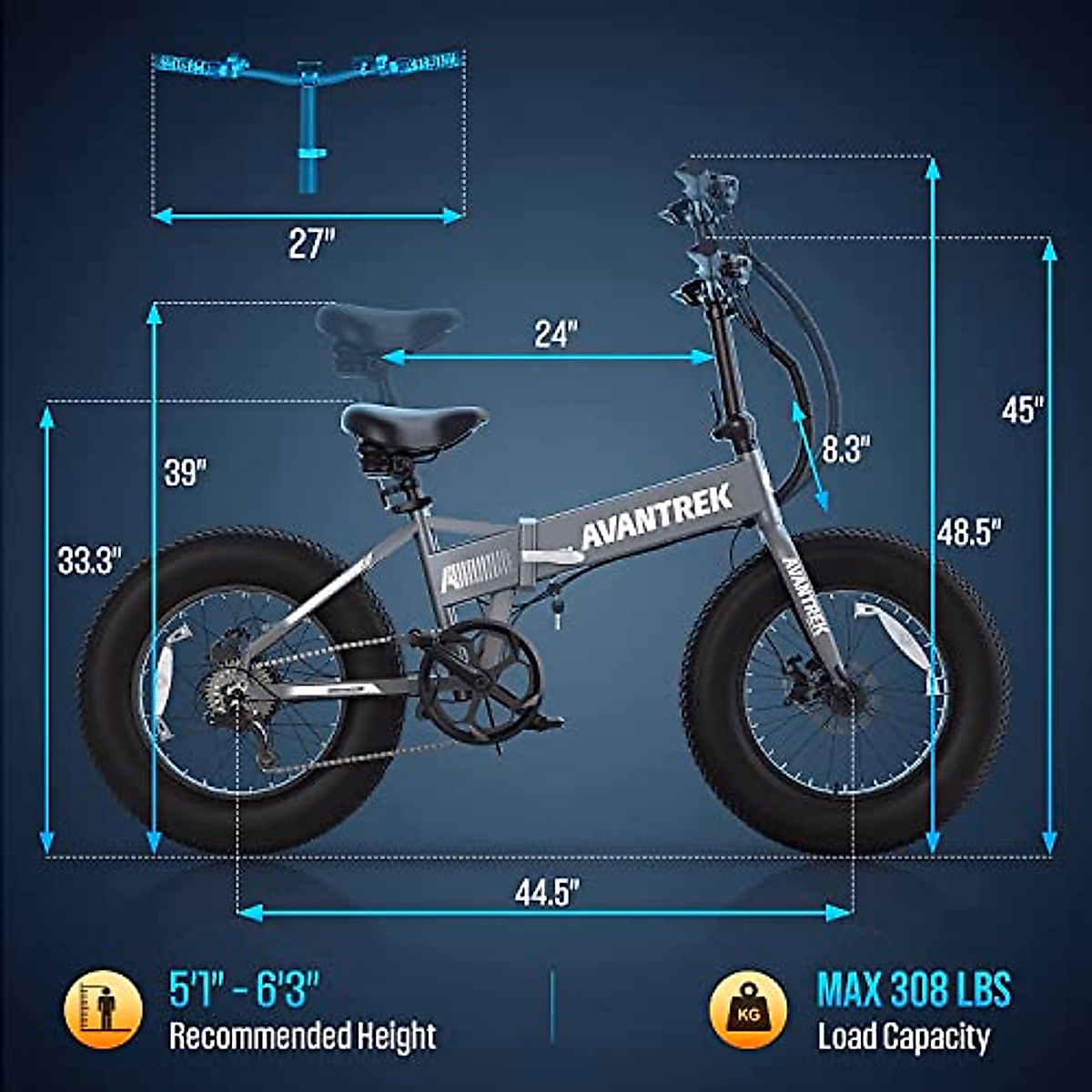 AVANTREK Cybertrack 200 Electric Bike Foldable 20"x4" Fat Tire Electric Bicycle, 1.5X Faster Charge, 500W Brushless Motor 48V/10Ah Removable Battery, Shimano 7 Speed - Silver