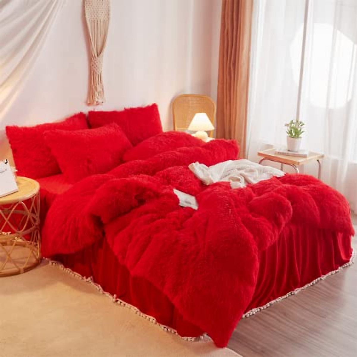 HAIHUA Fluffy red Comforter Cover Set Queen，Faux Fur red Bedding 3 Pieces(1 Plush Queen Duvet Cover +2 Faux Fur Pillowcases) Faux Fur red Bed Set (red, Queen)