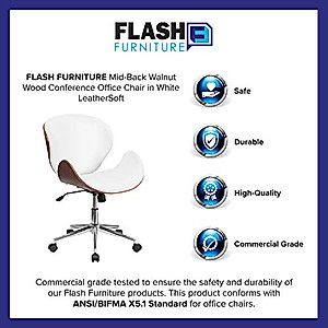 Flash Furniture Tana Mid-Back Walnut Wood Conference Office Chair in White LeatherSoft