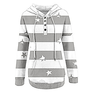 Women Casual Pullover Hoodies Sweatshirt Plus Size Button Down Drawstring Loose Long Sleeve Striped Top with Pockets Gray
