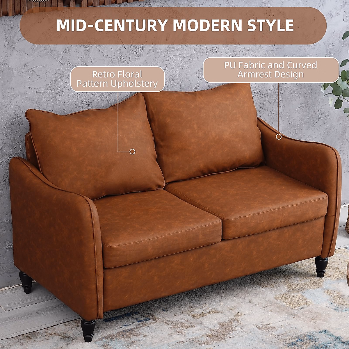 53" Small Loveseat Sofa,Mid Century Modern Love Seat Sofa Couch with PU Leather,2 Seat Small Couches for Small Spaces,Comfy Upholstered Sofa for Living Room,Bedroom,Dorm Office and Apartment(Brown)