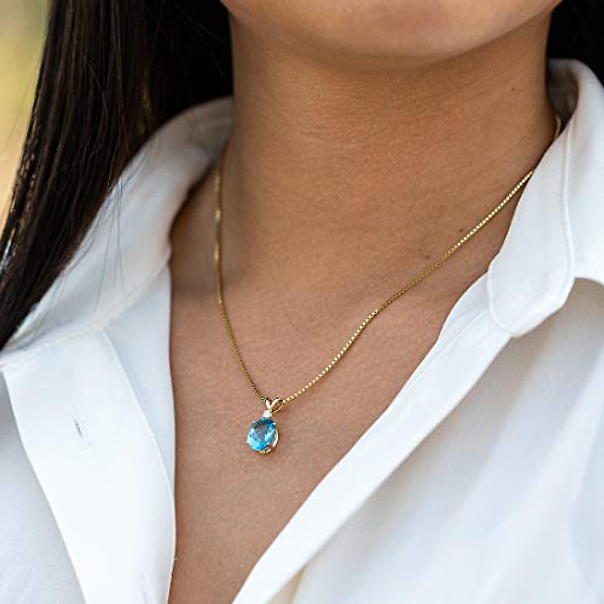 PEORA 14K Yellow Gold 3 Carats Swiss Blue Topaz with Diamond Pendant, Genuine Gemstone Birthstone, AAA Grade Oval Shape 10x8mm, Elegant Solitaire Design