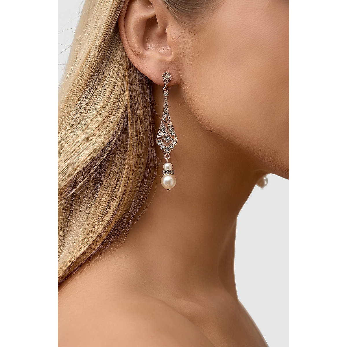 BABEYOND 1920s Vintage Wedding Pearl Dangle Drop Earrings Art Deco Gatsby Earrings (Style 5-Rose Gold)