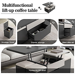 GraceNook 3 in 1 Mutifunction Coffee Table, Lift Top Coffee Table with 4 Seats, Coffee Table with Storage Lift Up Pu Stools,Coffee Table Converts to Dining Table for Living Room, Bedroom
