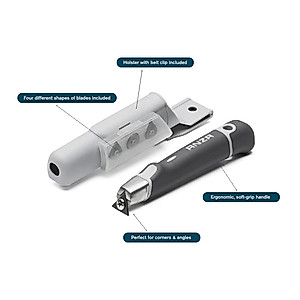 Anza ® | Scraper with razor sharp blades and convenient holster | Comfortable, ergonomic & versatile tool to scrape paint and clean intracate surfaces | 4 different shapes of blades included
