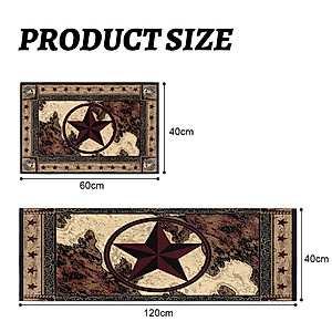 2 Pieces Non-Slip Vintage Style Kitchen/Bath Rug Runner Mat, Super Absorbent Rugs, Washable Carpet Kitchen Mats 15.7x23.6inch+15.7x47.2inch, Western Texas Star on Wood Panel Rustic