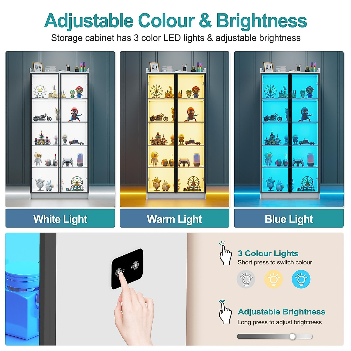 Lvifur Tall Storage Cabinet up to 70", LED Kitchen Pantry Cabinet with Human Body Induction, 5 Tier Bookcase Display Cabinet with Adjustable Shelves for Living Room Office (White)