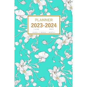 Planner June 2023-2024 May: 6x9 Medium Notebook Organizer with Hourly Time Slots | Hand-Drawn Blossom Apple Flower Design Turquoise