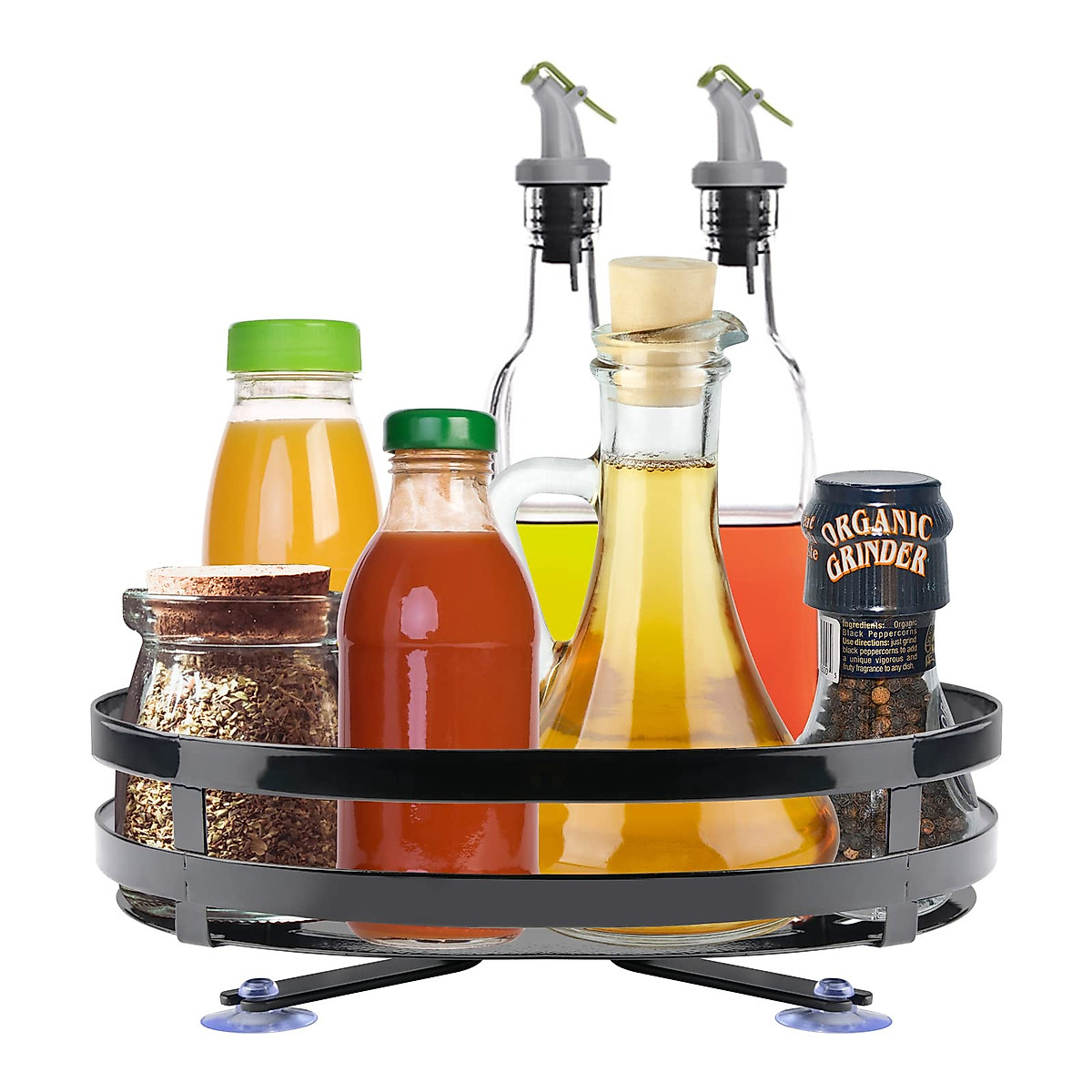 10" Round Steel Lazy Susan Rotating Turntable Food Storage Container Tray for Kitchen Cabinet Pantry Fridge Cupboards Counter Organizing, Fully Rotating Organizer for Spices, Condiments, Makeup