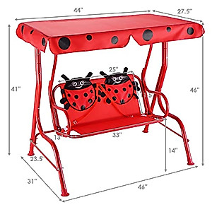 Costzon Patio Swing,All-Weather Porch Swing w/Safety Belt, 2 Seats Outdoor Lounge Chair Hammock w/Removable Canopy, Outdoor Swing Bench for Backyard Lawn Garden (Ladybug Pattern,Red)