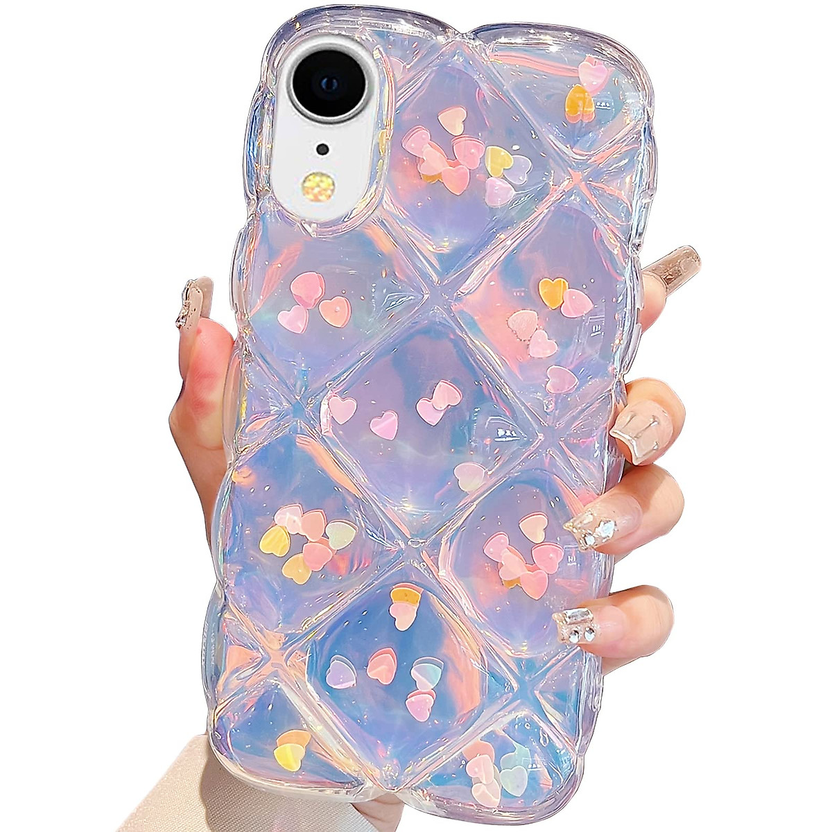 Qokey for iPhone XR Case 6.1",Cute Laser Gradual Bling Love Heart Glitter Clear+Translucent Card Soft Wave Frame Anti-Falling 3D Thick Shockproof Phone Cover for Women(for XR 6.1")