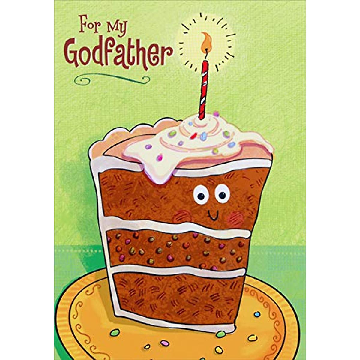 Designer Greetings Slice of Cake with Smiley Face and Red Candle Juvenile Birthday Card for Godfather