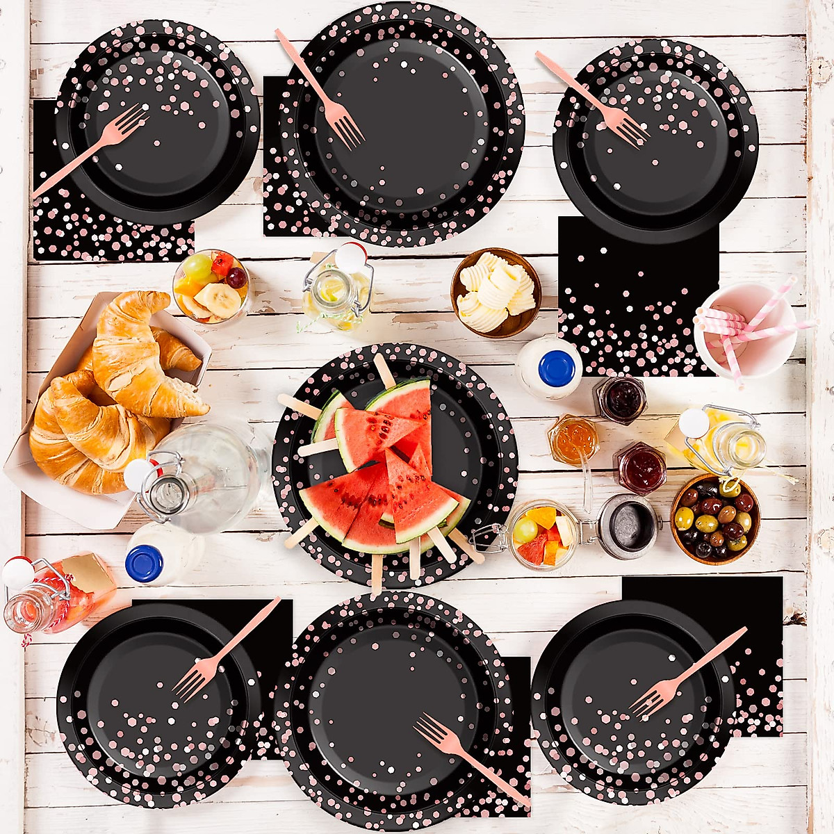 96PCS Black and Rose Gold Party Supplies Rose Gold Paper Plates Napkins Women Birthday Decorations Party Tableware Set Black Disposable Paper Plates Table Decors for Wedding Bridal Shower Serve 24