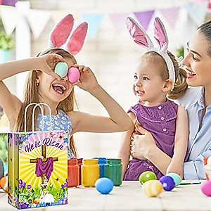 16 Pieces Easter Treat Bags Inspiring He Is Risen Sign Paper Gift Bags Cookie Egg Candy Goody Easter Bags with Double Handles for Easter Theme Bible School Party Favor
