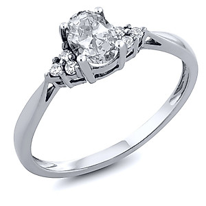 Gem Stone King 14K White Gold White Topaz and Diamond Engagement Ring For Women (0.56 Cttw, Gemstone Birthstone, Available In Size 5, 6, 7, 8, 9)