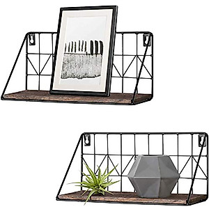 Mkono 5 Pack Set Wall Hanging Shelves 3 Pac Wood and Rope Shelves and 2 Pack Small Floating Shelves with Metal Basket Frame Home Decor Display Shelf for Bathroom, Bedroom, Living Room