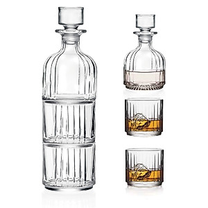Glass 3 Pc Set, Crystal Glass Whiskey Decanter with 2 Tumblers, Stackable, Double Old Fashioned Tumblers, DOF, Decanter is 12 Oz, Each D.O.F. Tumbler is 12 Oz, by Barski, Made in Europe
