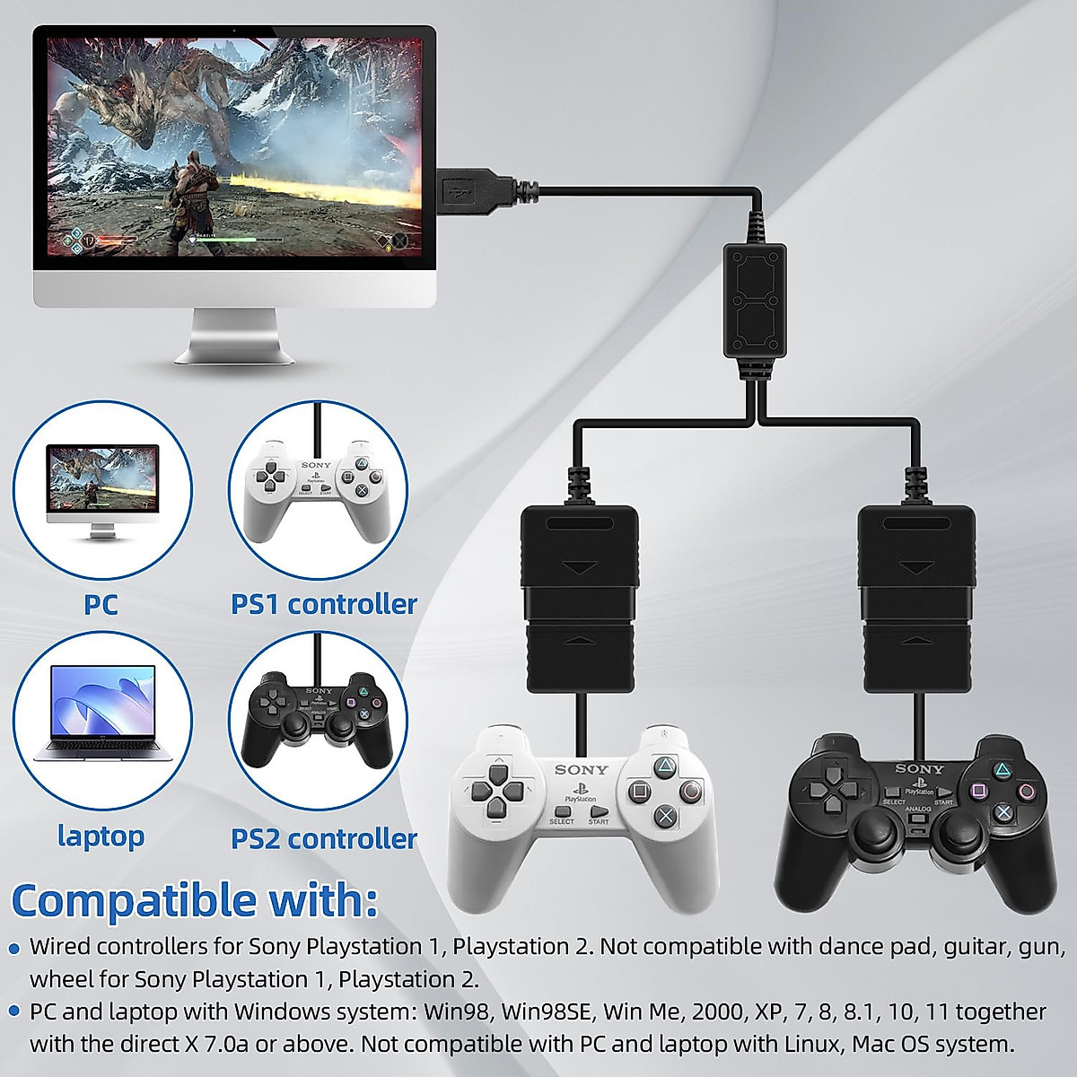 OSTENT Dual USB Adapter Converter Cable Cord for Sony PlayStation 1/2 PS One PSX Wired Controller Gamepad Joystick to PC Laptop