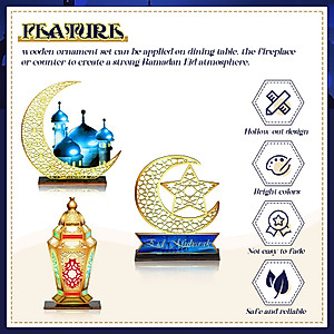 3 Pieces Eid Mubarak Table Decorations Wooden Centerpiece Signs, Eid Ramadan Kareem Table Top Centerpieces Wooden Candy Day for Eid Ramadan Muslims Dinner Coffee Table Topper Tier Tray Room Decor