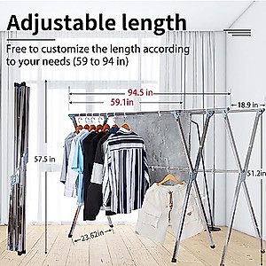 HYZSWGC Foldable Clothes Drying Rack, 95 Inches Adjustable Stainless Steel Laundry Drying Rack with 20 Windproof Hooks for Clothes, Blanket, Llinens, Shoes, Indoor/Outdoor