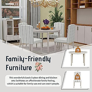 Voohek 5-Piece Round Dining Table Set, with Solid Wood Tapered Legs and 4 Upholstered Chairs w/Striped Fabric, for Kitchen, Living Room, Small Space, White