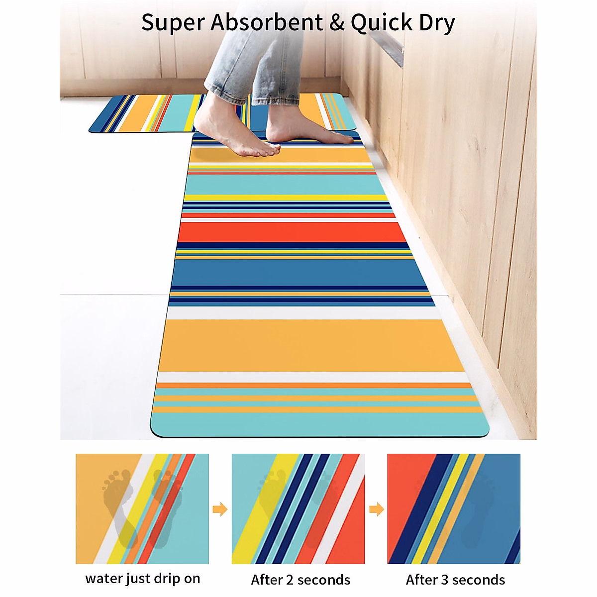 Kitchen Runner Rugs Set of 2, Colorful Stripes Yellow Teal Red Blue Wood Texture Rubber Non-Slip Area Collection Rug High Traffic Areas for Hallway,Bathroom, Laundry Room Rug Mat 16"x24"+16"x47"