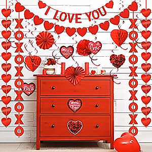 30 Pieces Valentine's Day Decoration Kit I Love You Red Heart XOXO Garland Banner Heart Swirls Tissue Paper Fan Pom Hanging Decor for Home Hotel Engagement Wedding Valentines Party Supplies Set