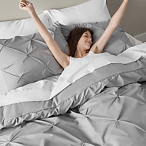 Bedsure Grey Duvet Cover Queen Size - Pinch Pleated Queen Size Duvet Cover with Zipper Closure, Microfiber Pintuck Duvet Cover(Grey, Queen)