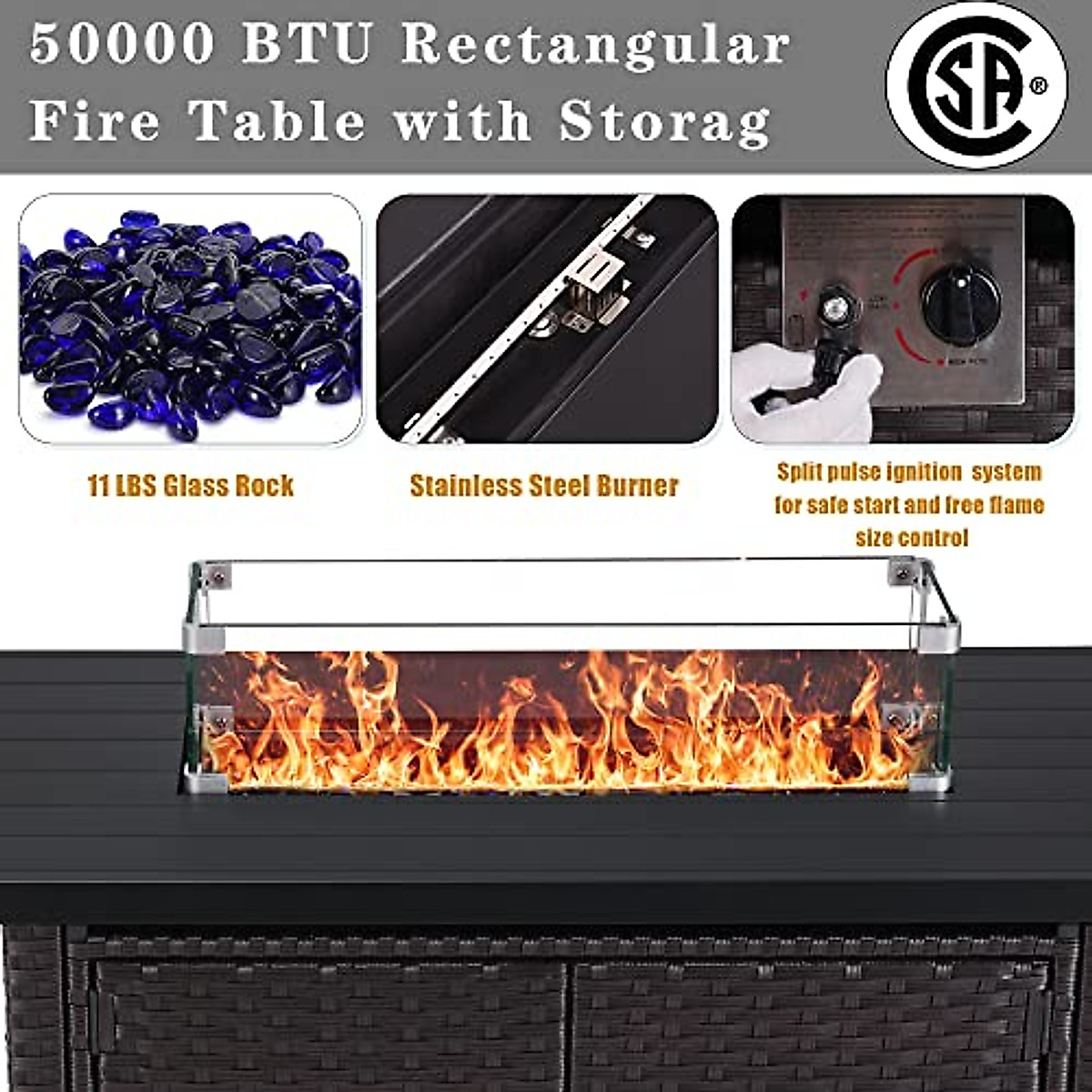 Propane Fire Pit Table, 54 in 50,000 BTU PE Rattan Gas Fire Pit with Glass Wind Guard, Waterproof Cover, Lava Glass, CSA Certified for Outside Garden/Patio/Deck/Poolside.