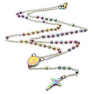 Blowin 3mm Rainbow Beads Christian Rosary Necklace for Women Men, Colorful Stainless Steel Praying Rosary Necklace Jewelry, 26 Inch
