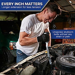 Rhino Wrench Extender Tool Bar - Extra-Long 15 Inch Wrench Extension for Maximum Leverage - Torque Multiplier with Non-Slip Gloves and Garage Hook - Solid Steel Tools for Mechanics and DIYers