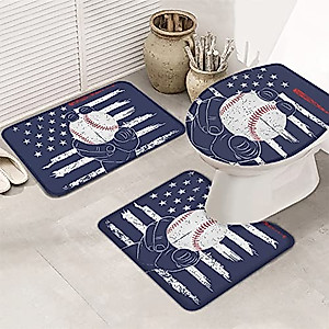 Baseball Bathroom Rugs Sets 3 Piece, Anti-Slip Absorbent Shower Rugs with U-Shaped Contour Toilet Mat, Soft & Dry Mats Carpets for Home Decor, Hand Holding Baseball on Blue Flag Background