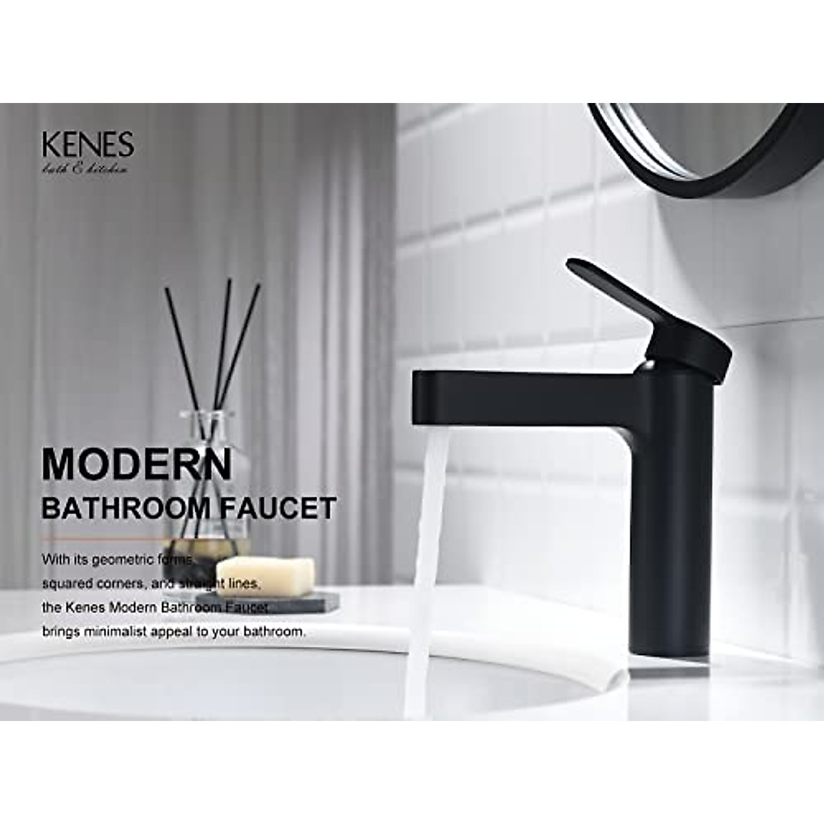 KENES Single Handle Bathroom Faucet, Matte Black Modern Single Hole Bathroom Sink Faucet with Deck Plate, Stainless Steel Lavatory Vanity Faucet Supply Lines Included, KE-9010-2