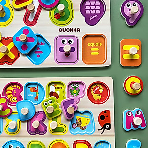 QUOKKA Wooden Puzzles for Toddlers Ages 1-3-5 in a Bag – Alphabet Learning Kids Puzzle 2-4 Year Old – Educational Wood Travel Toy with ABC Numbers Letters Animals – Gift Game for Boys and Girls