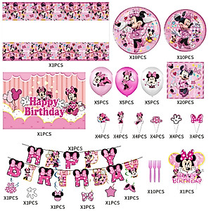 Minnie Birthday Party Supplies, Minnie Birthday Party Balloon Decorations Theme, Include Happy Birthday Banner, Hanging Swirl, Backdrop, Cake & Cupcake Topper, Tablecloth, Birthday Party For Kids