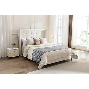 ACQCA Queen Velvet Bed Frame,Upholstered Platform Bed with Button Tufted Headboard and Nailhead Trim Wingback, Wood Slats Support, No Box Spring Needed, Easy Assembly,Ivory