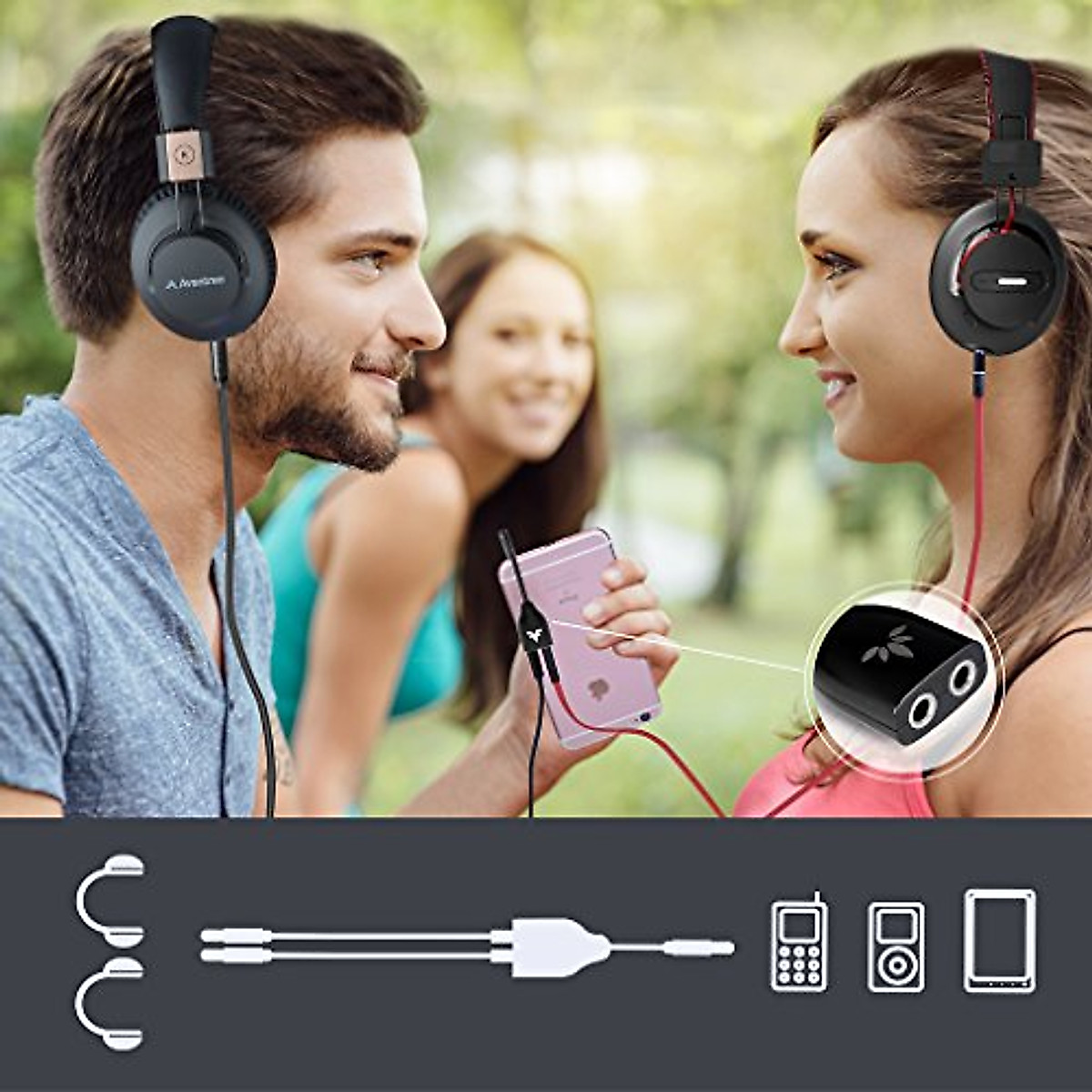 Avantree TR302 Two Way 3.5mm Dual Headphone Jack Splitter, AUX Stereo Earphone Earbuds Y Audio Split Adapter Cable, Compatible with iPhone, Samsung Phones and Tablets - Black