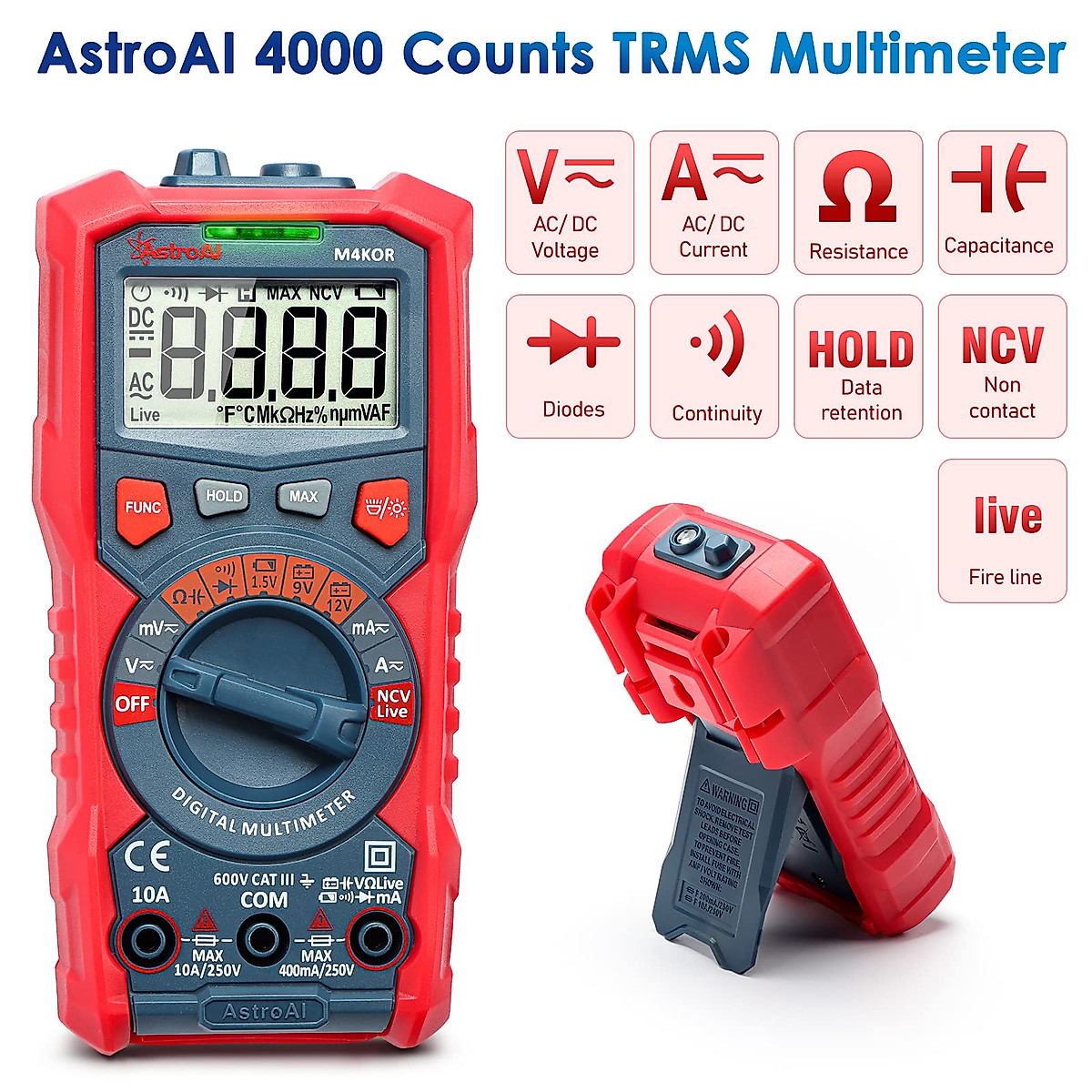 AstroAI Multimeter Tester, TRMS 4000 Counts Volt Meter Auto-Ranging Ohmmeter Digital 1.5v/9v/12v Battery Voltage Tester Measure Voltage Current Resistance Diodes Continuity Capacitance with NCV