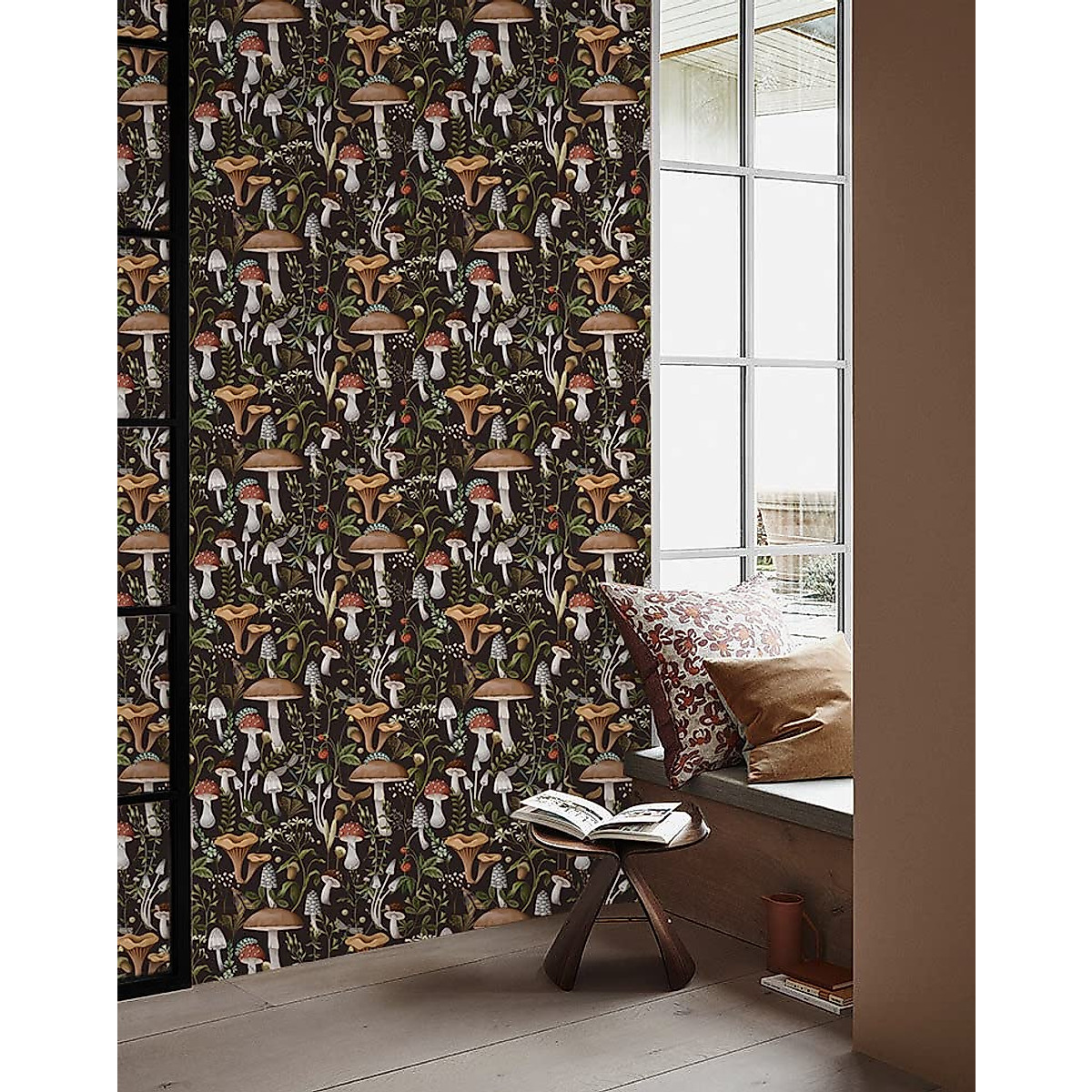 HAOKHOME Peel and Stick Wallpaper Boho Mushroom Removable Stick on Forest Contact Paper for Bathroom Black/Brown/Green 17.7in x 9.8ft