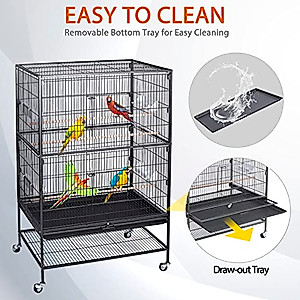 SUPER DEAL 52 Inch Rolling Bird Cage Large Wrought Iron Cage for Cockatiel Sun Conure Parakeet Finch Budgie Lovebird Canary Medium Pet House with Rolling Stand & Storage Shelf