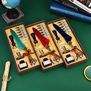 Jubapoz Feather Pen Calligraphy Pen and Ink Set Antique Writing Quill Ink Dip Pens with Sealing Stamp and Wax for Drawing, Signatures, Retro Decoration (Glittering Navy Blue)