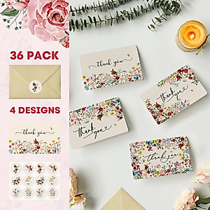 Artoid Mode 36 Pack Vintage Wildflower Thank You Cards Flower Greeting Cards Gift With Envelope Sticker Blank Note Cards for Birthday Wedding Baby Shower Bridal Shower, 4 x 6 Inch