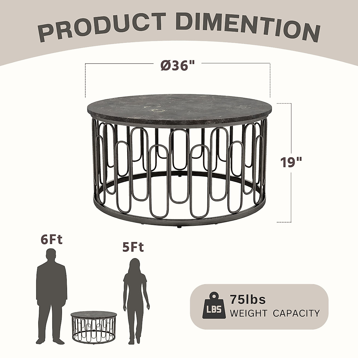 Furniture of America Davis Modern Round Coffee Table with Marble Top & Sturdy Metal Legs & Open Shelf for Living Room, Apartment, Small Space, Black
