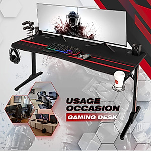 Devoko 55 Inch Gaming Desk T-Shaped PC Computer Table with Free Mouse Pad Carbon Fibre Surface Home Office Desk Gamer Table with Game Handle Rack Headphone Hook and Cup Holder (Black)