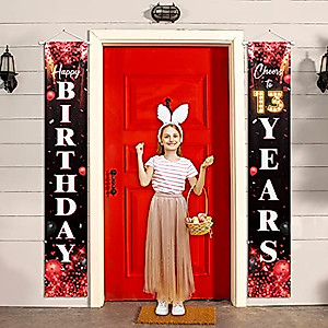 5665 Happy 13th Birthday Porch Sign Door Banner Decor Red and Black – Glitter Cheers to 13 Years Old Birthday Party Theme